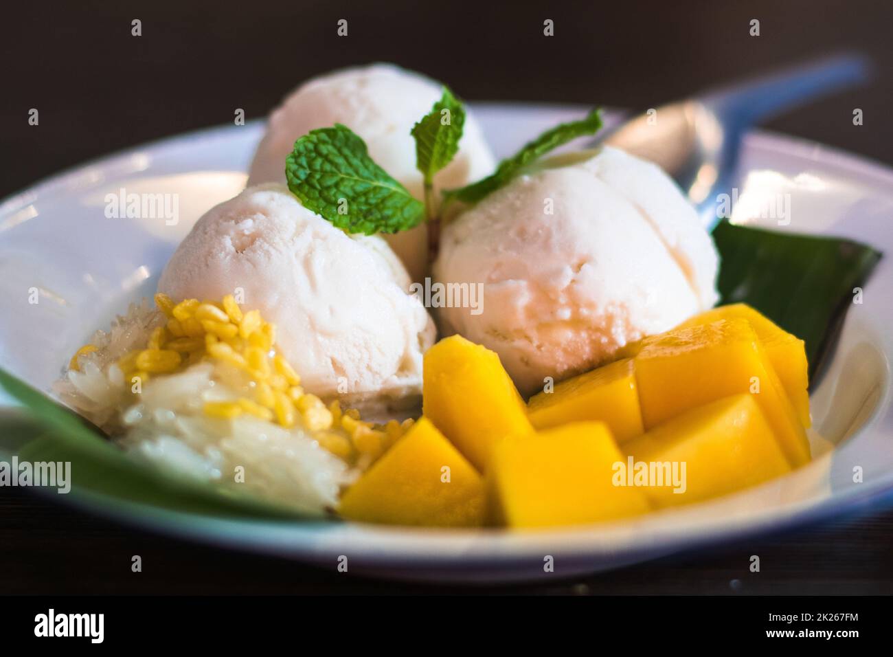 Mango pudding. mango ice cream with sticky rice deliciou sweet dessert ...