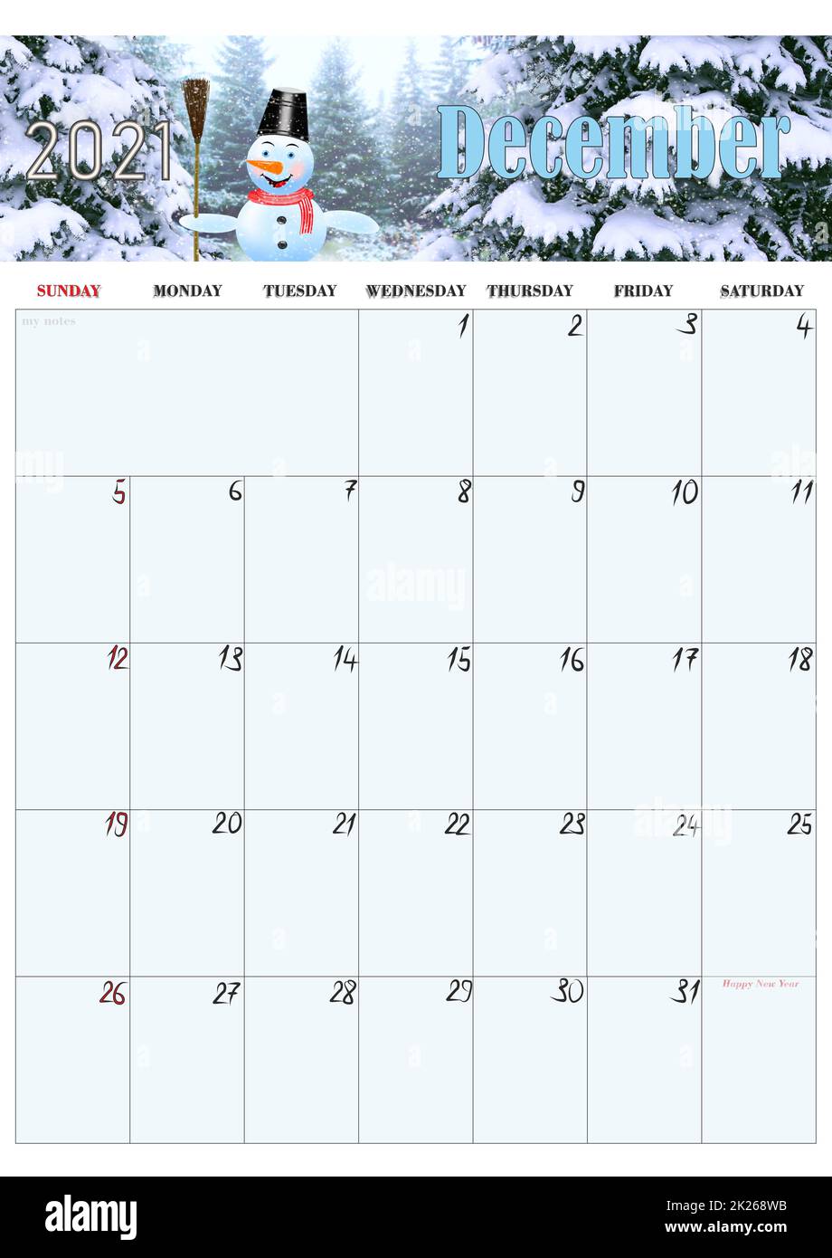 calendar for December 2021 with photo of winter snowman. Home planner ...