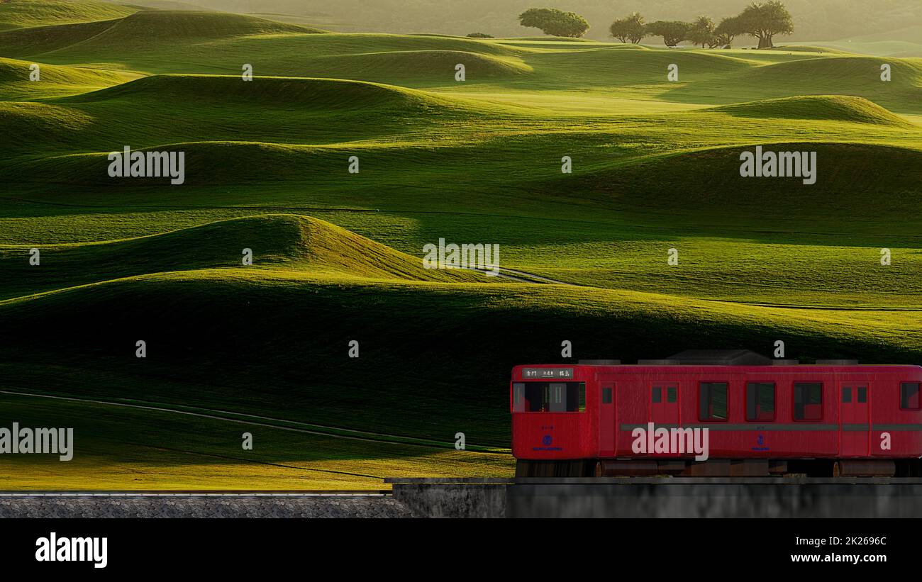 The 3d rendering of beautiful train and station with nice mountain ...