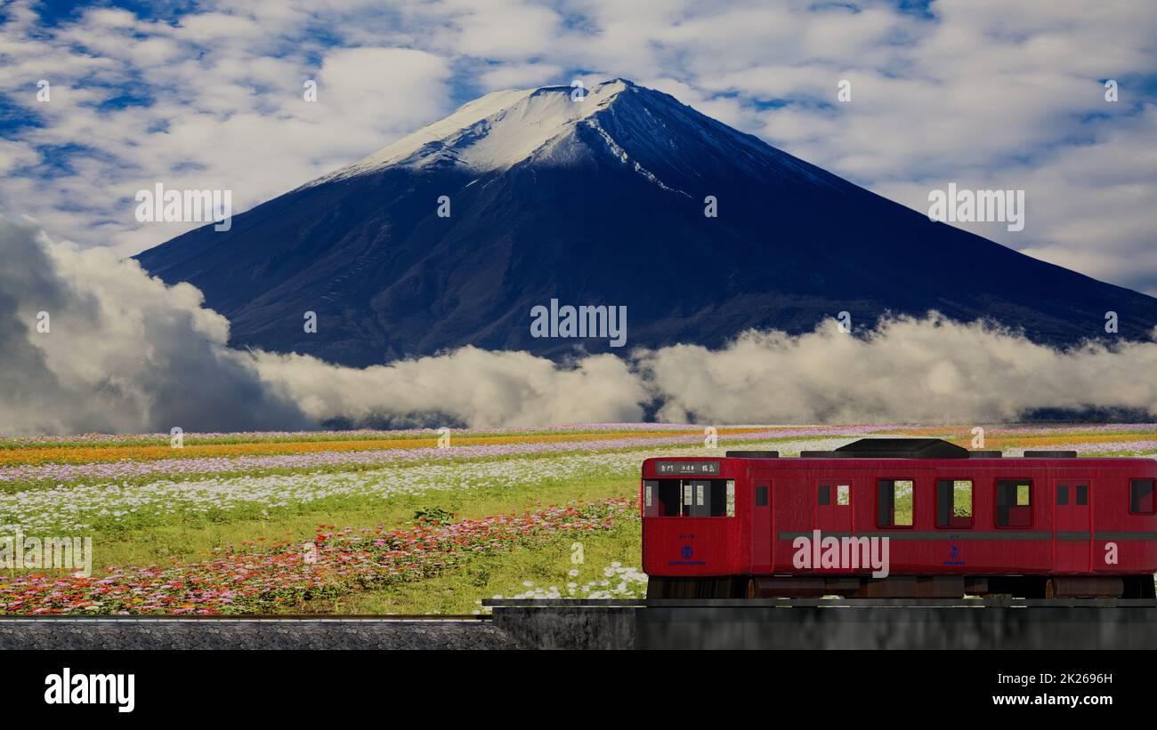 The 3d rendering of beautiful train and station with nice mountain ...