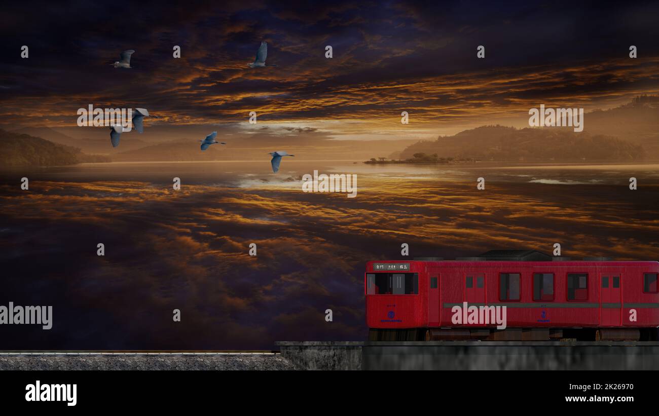 The 3d rendering of beautiful train and station with nice mountain ...