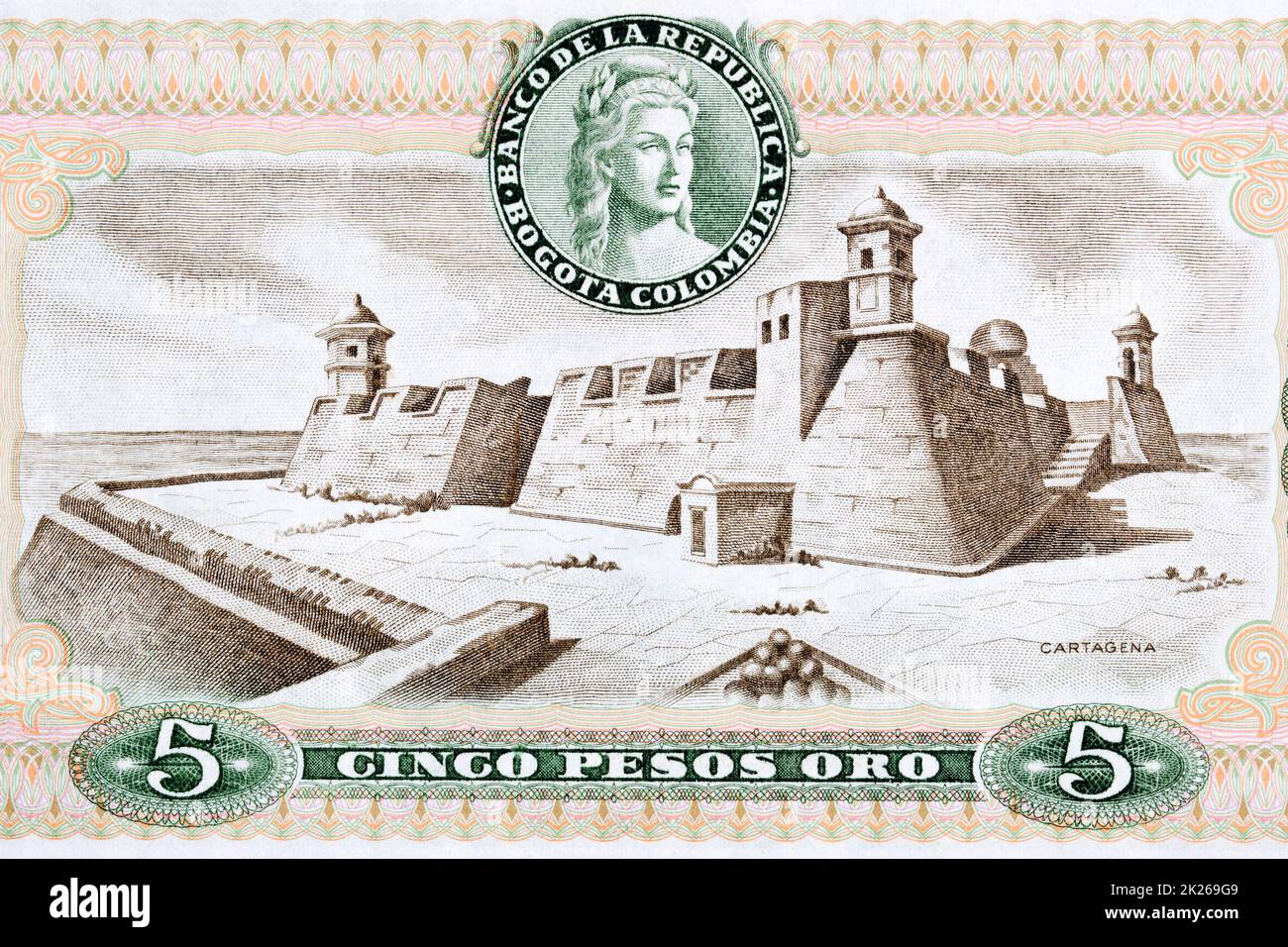 Fortress at Cartagena from old Colombian money Stock Photo - Alamy