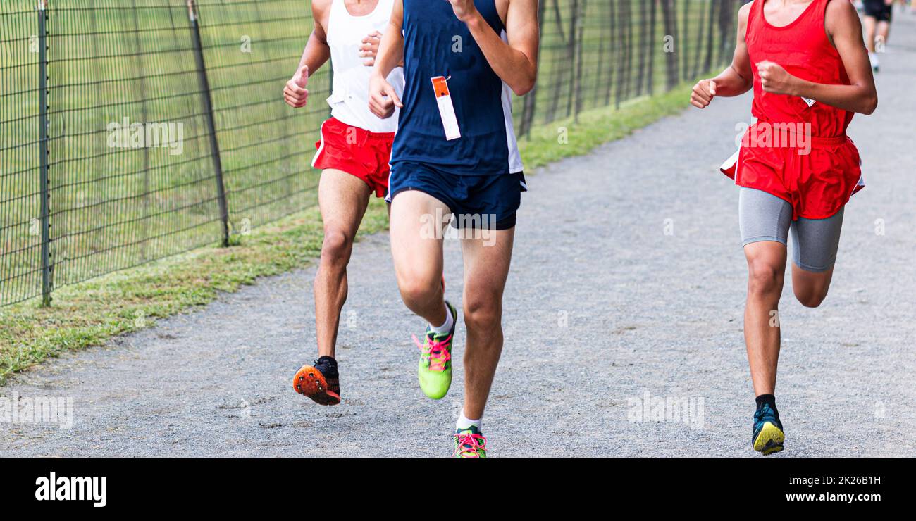 Three high school cross country runners racing each other on the final ...