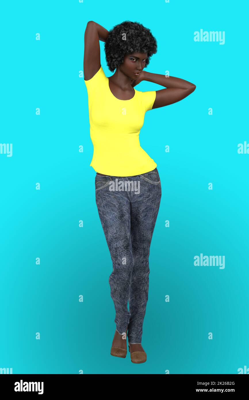 Young Afro-American girl wear yellow t-shirt over blue background, 3D ...