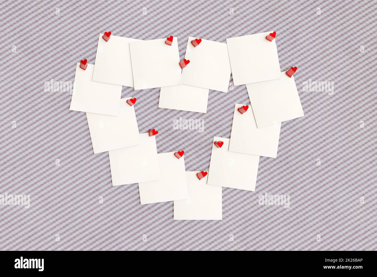 3d illustration. Blank note paper making shape of heart pinned cork ...