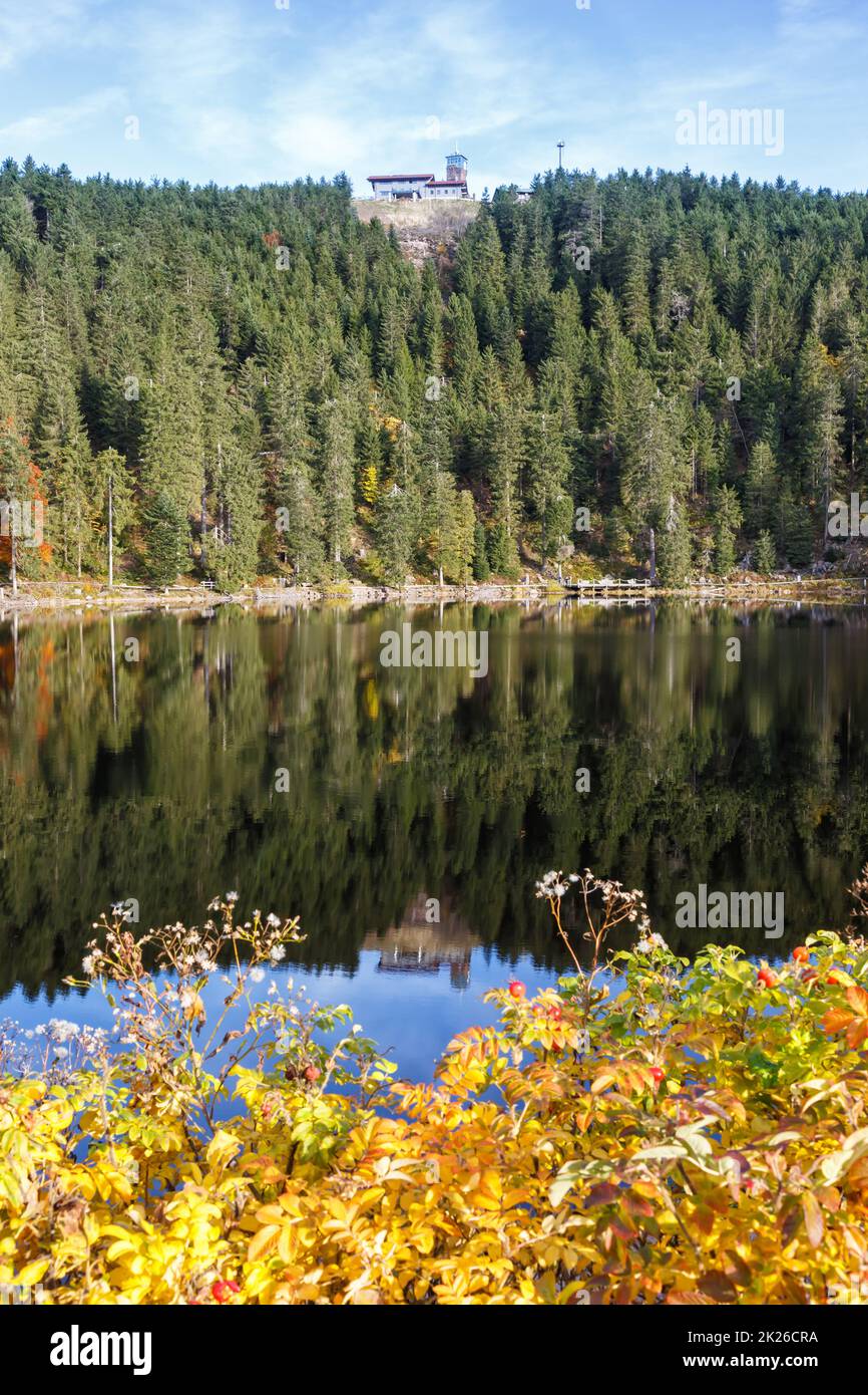 Mummelsee lake and mountain Hornisgrinde in Seebach in the Black Forest ...