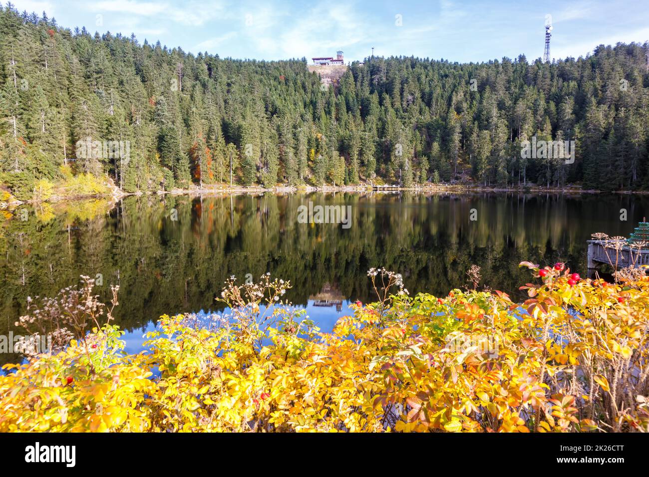Mummelsee lake and mountain Hornisgrinde in Seebach in the Black Forest ...