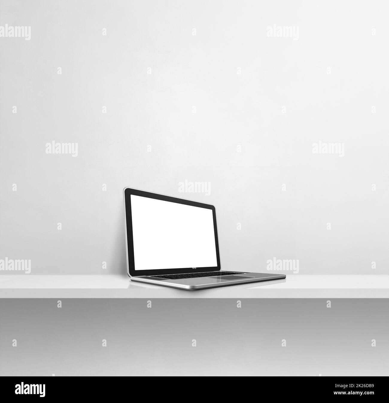 Laptop computer on white concrete shelf. Square background Stock Photo ...