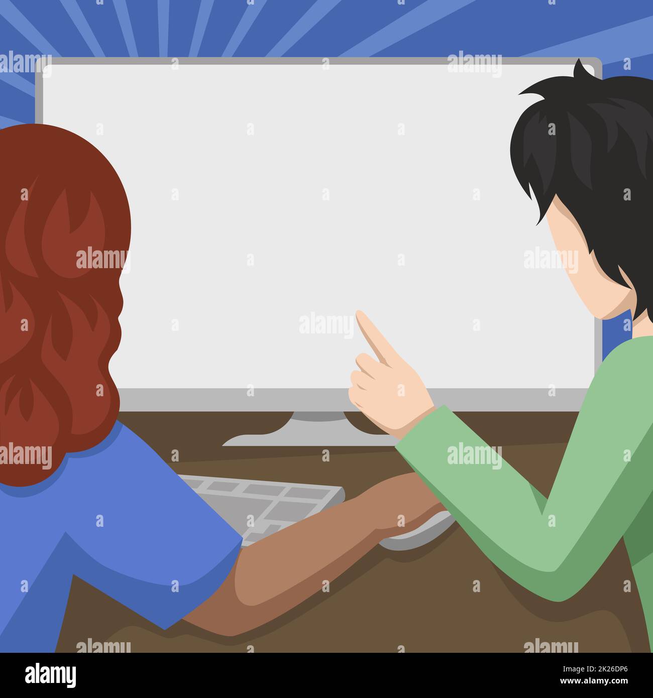 Couple Drawing Using Desktop Computer Helping Each Other Accomplishing ...