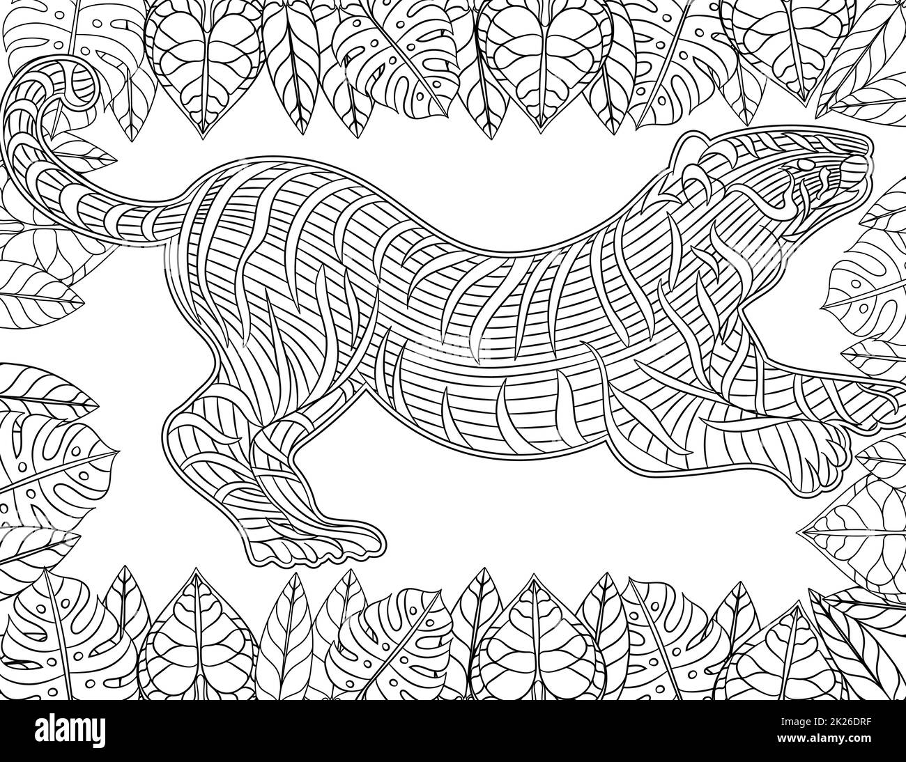 Tiger Line Drawing Surreounded With Flower Frame For Detailed Colouring ...