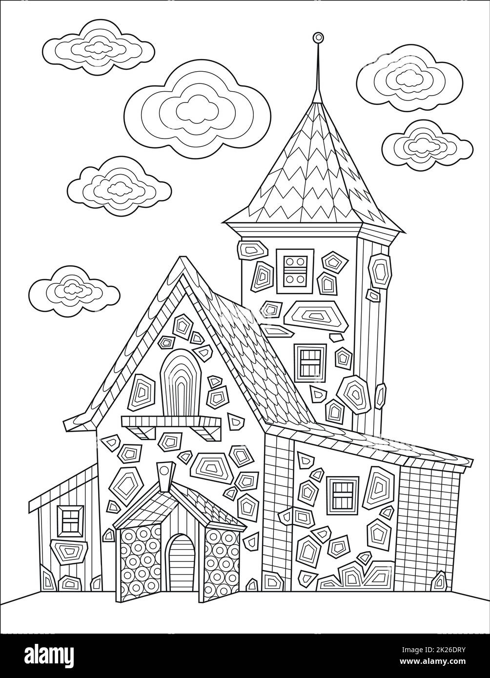 Old Victorian House Line Drawing With Geometric Details And Clouds For ...