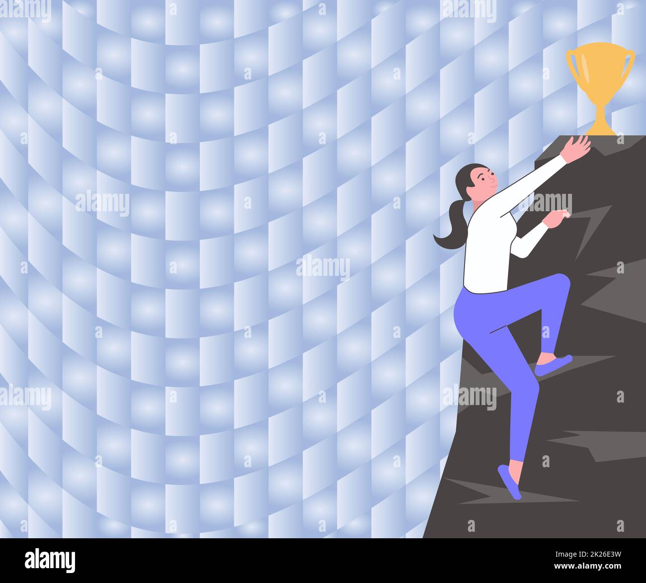 Woman Climbing Mountain Reaching Trophy Representing Successfully ...
