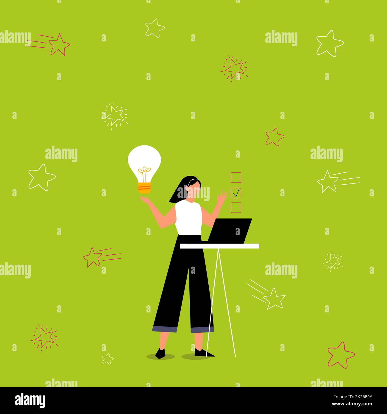 Illustration Of Girl Using Laptop Having New Amazing Ideas And Making ...