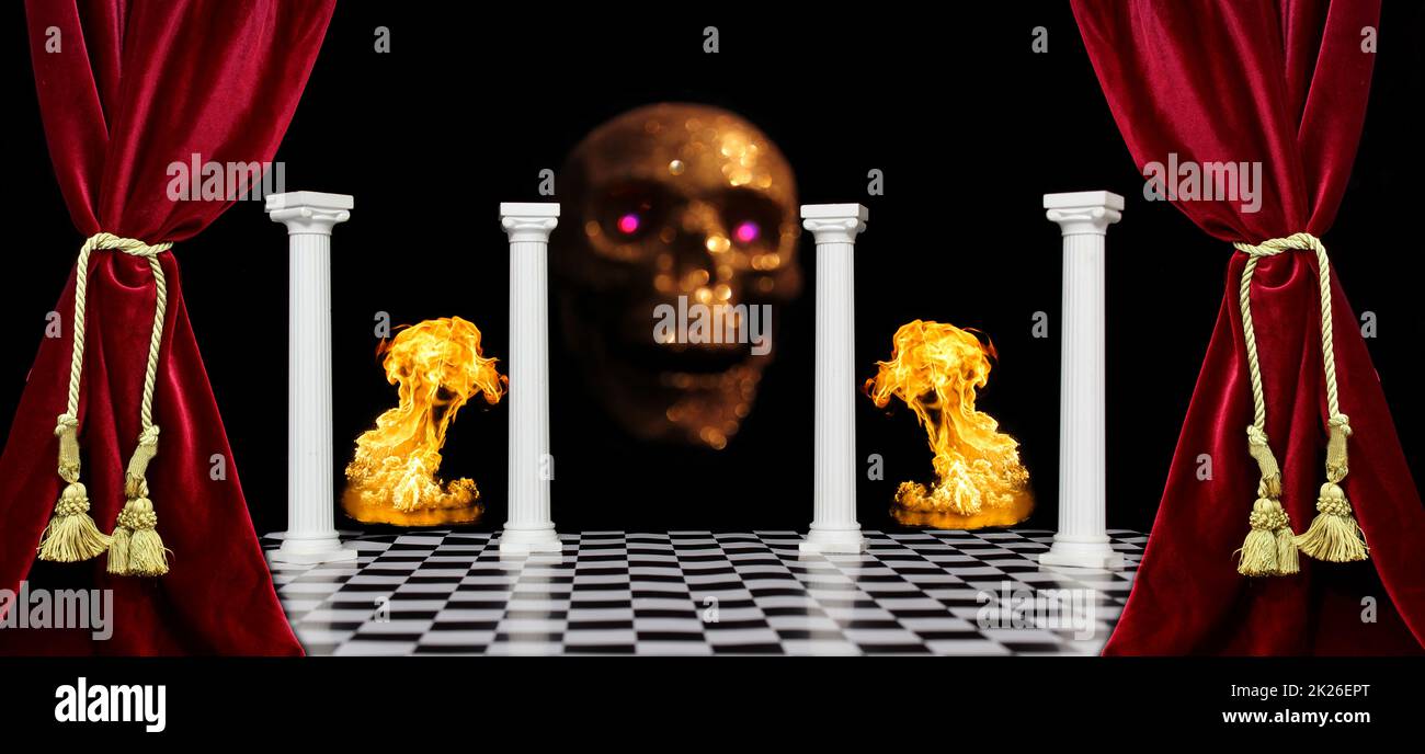 Defocused Glitter Skull with Roman Style Columns and Checkered Floor ...