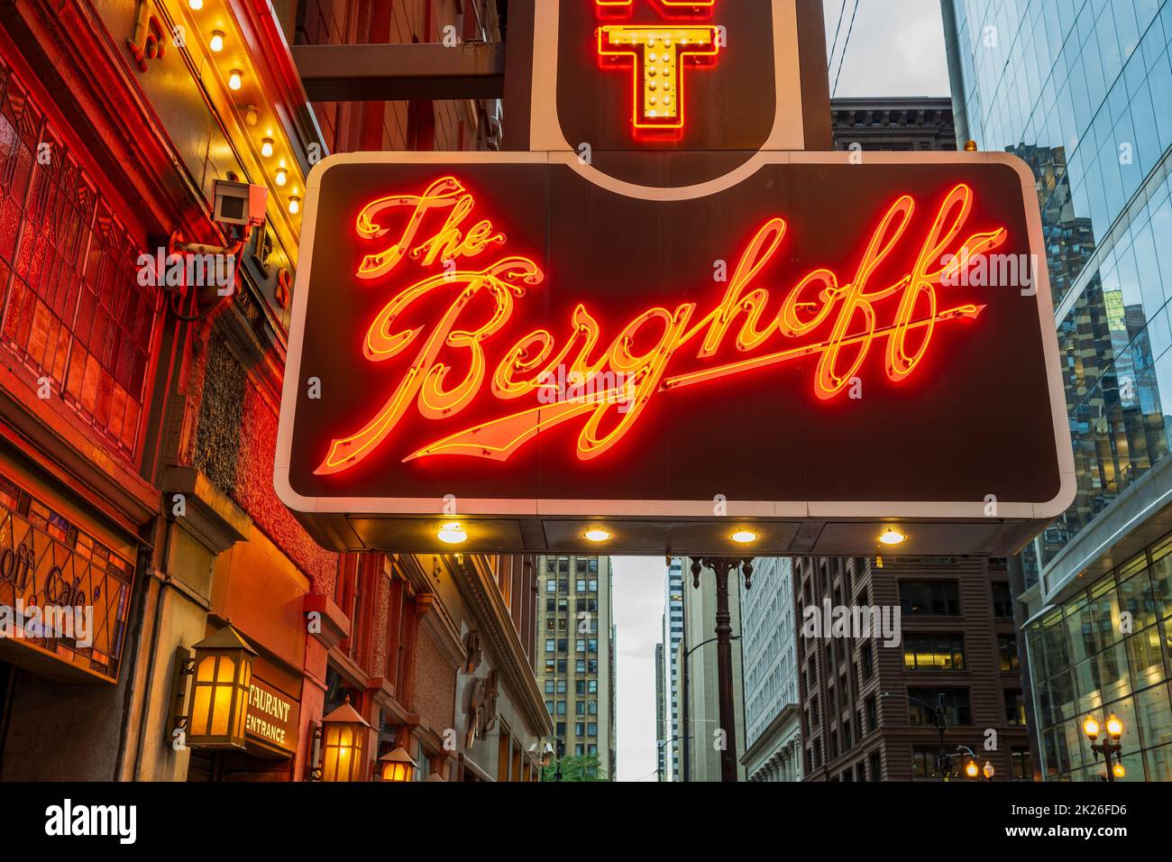 Neon sign of The Berghoff historical restaurant, Chicago, Illinois, USA ...