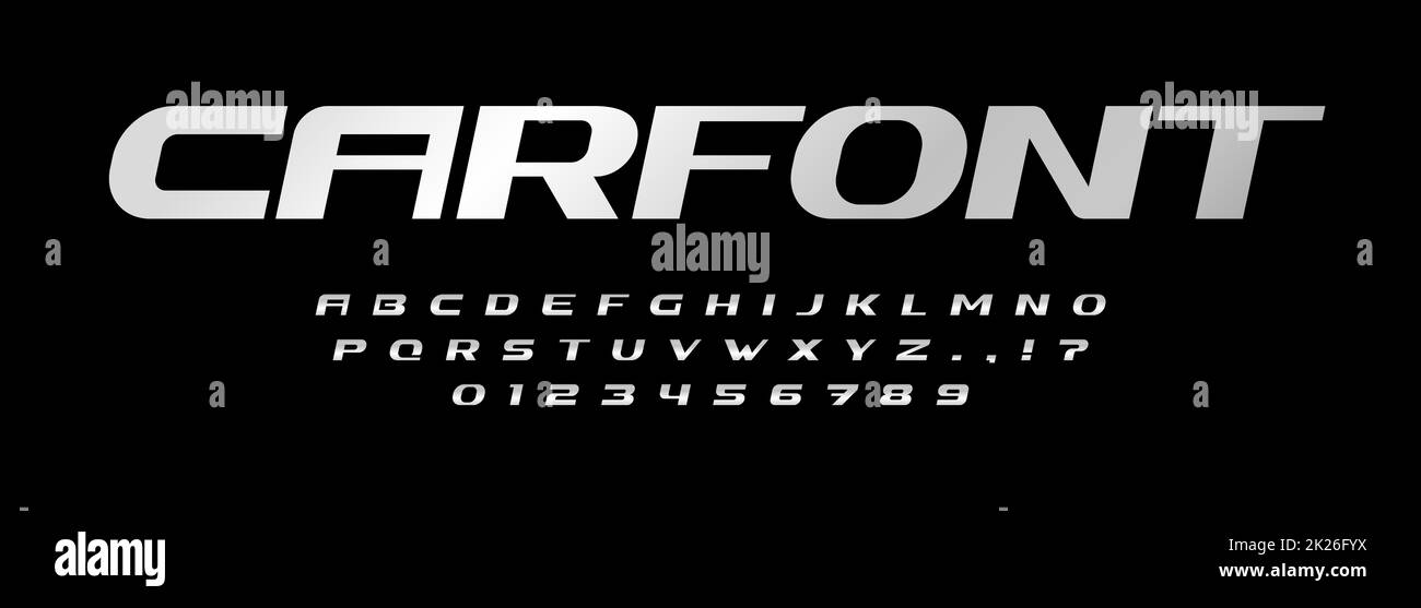 Car font alphabet letters. Automotive brand logo typography. Steel ...