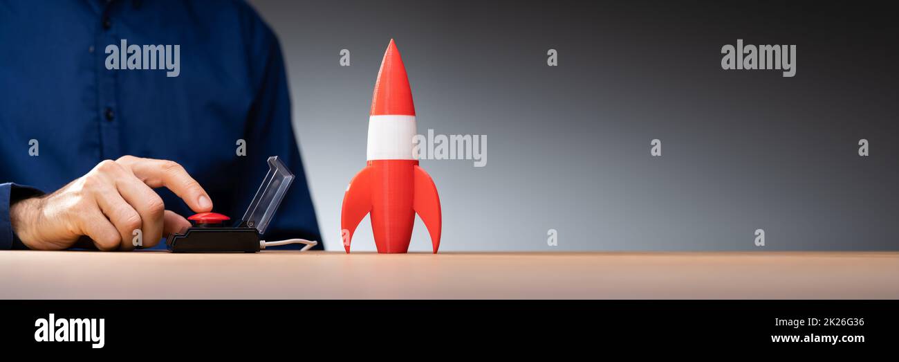 Red Rocket Start And Launch Button For Career Stock Photo - Alamy