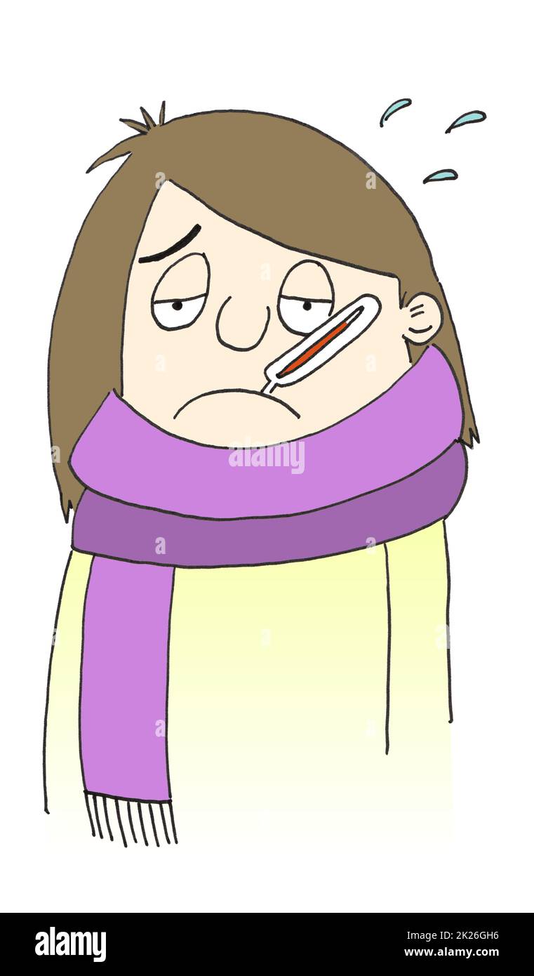 Cartoon drawing: Ill woman with fever or covid-19 Stock Photo - Alamy
