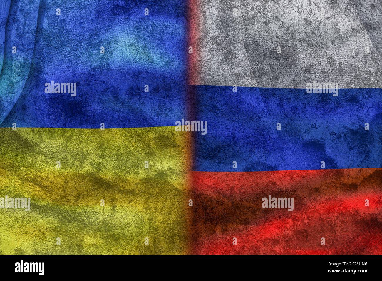 A divided flag of Russia and Ukraine as a symbol of the current ...