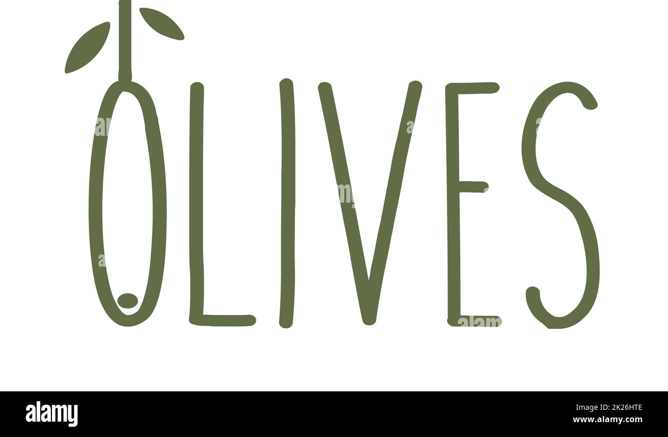 Olives thin line emblem. Green olive branch with leaves. Gourmet food ...