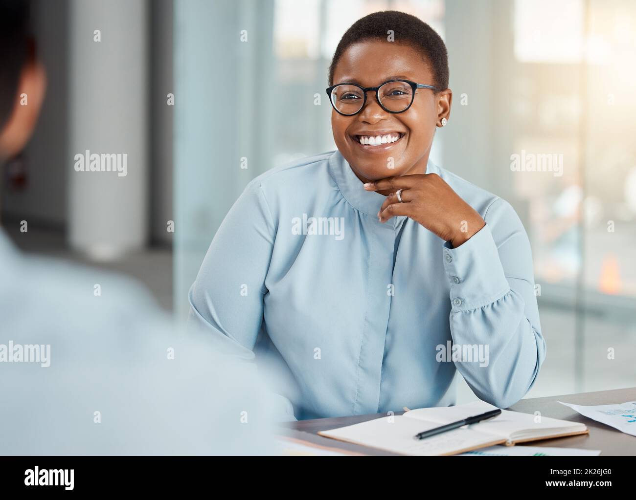 Happy black woman, smile and success in office discussion during ...
