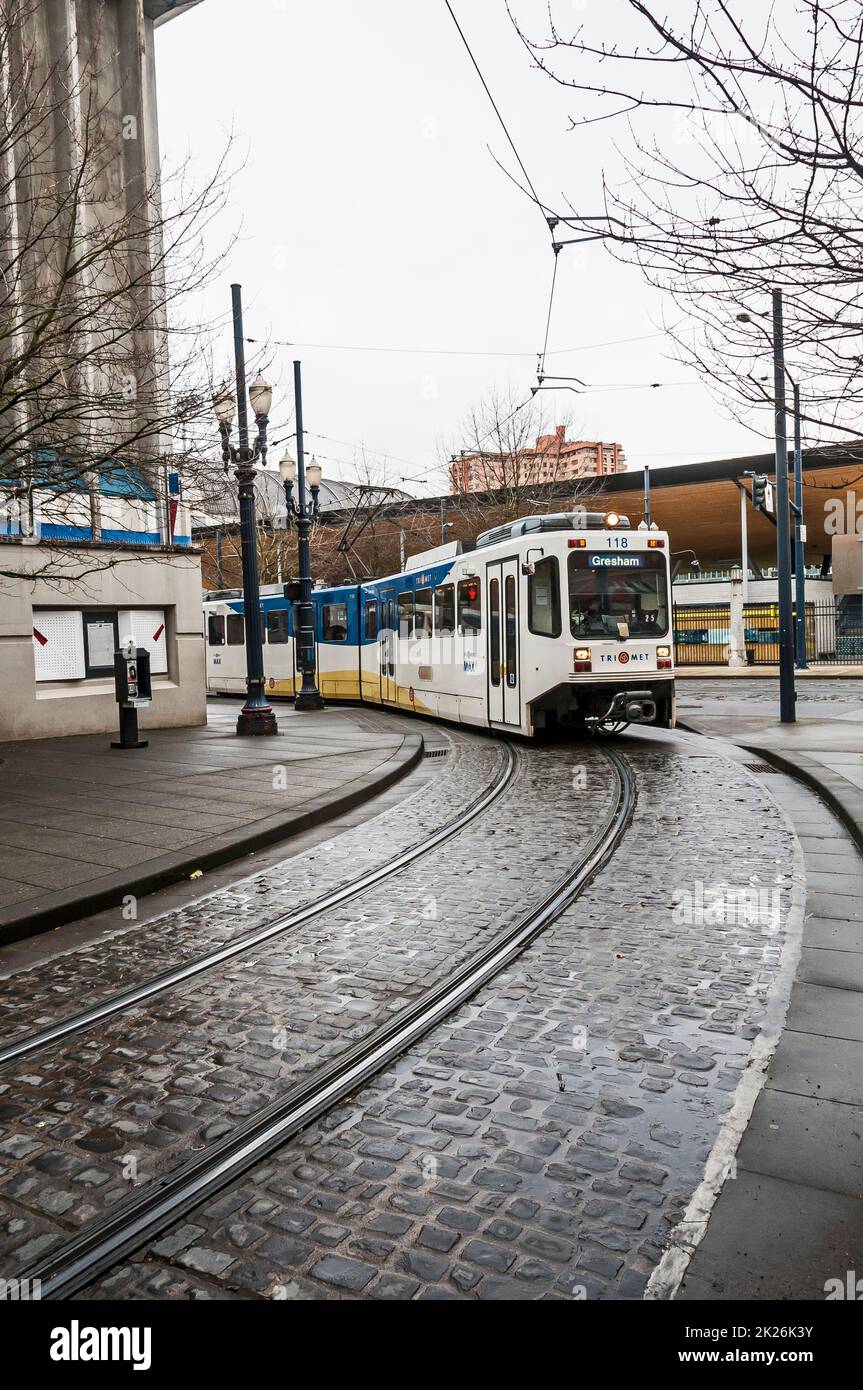 Tri-Met Max train on SW Morrison in Portland, Oregon Stock Photo - Alamy