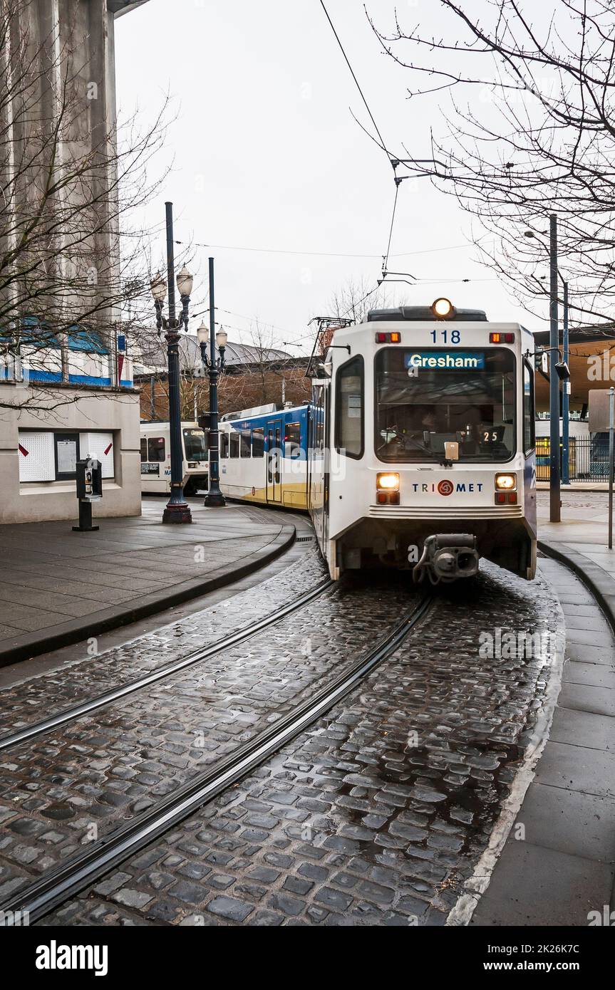 Tri-Met Max train on SW Morrison in Portland, Oregon Stock Photo - Alamy