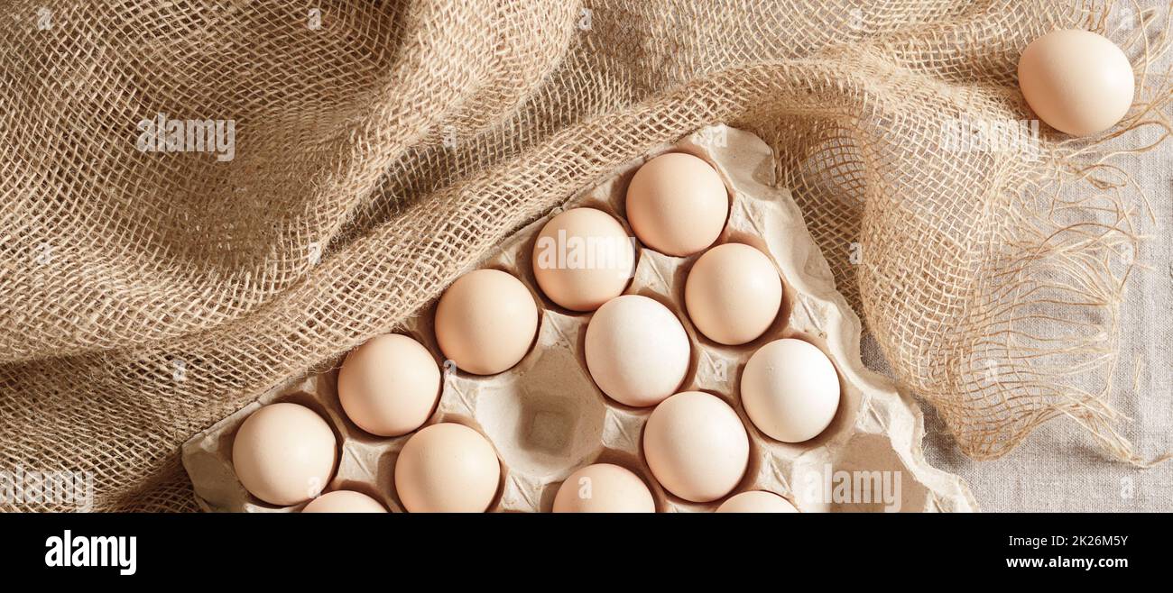 Fresh organic chicken eggs in carton pack or egg paper container on a ...