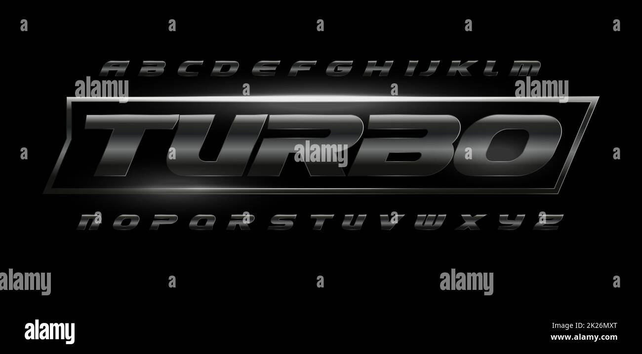Turbo speed font with dark matte metal texture. Drive dynamic steel ...