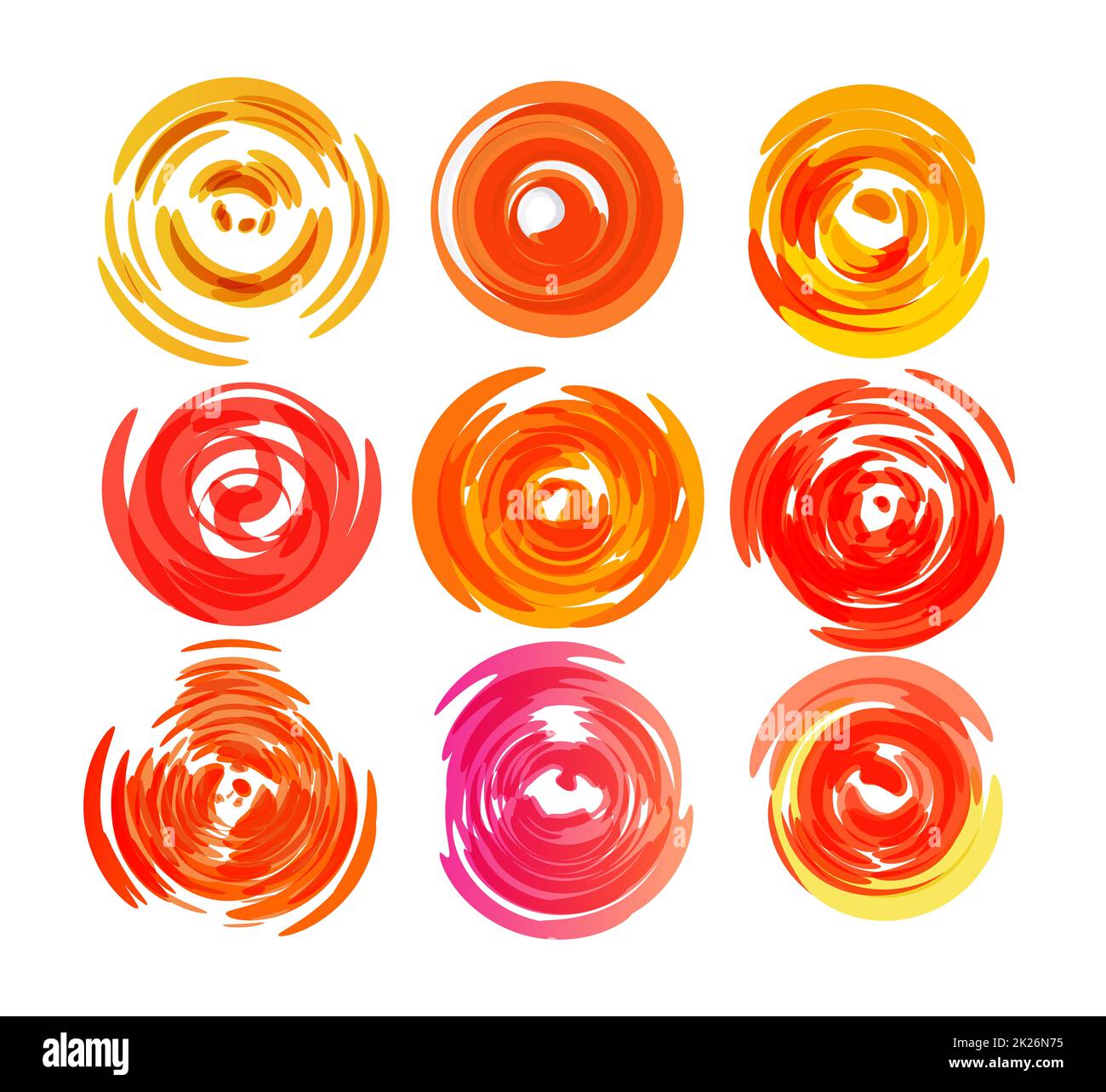 Sun icon set, twisting round shape, red hot sun, cartoon brush drawing ...