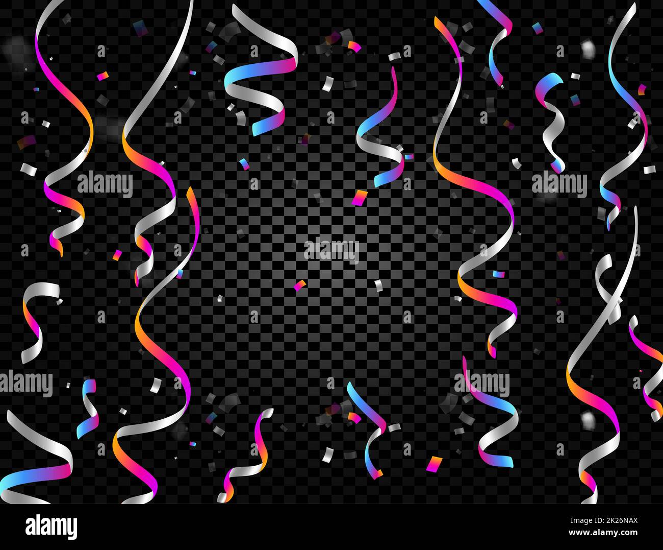 Colorful confetti falling and ribbons on black transparent background ...
