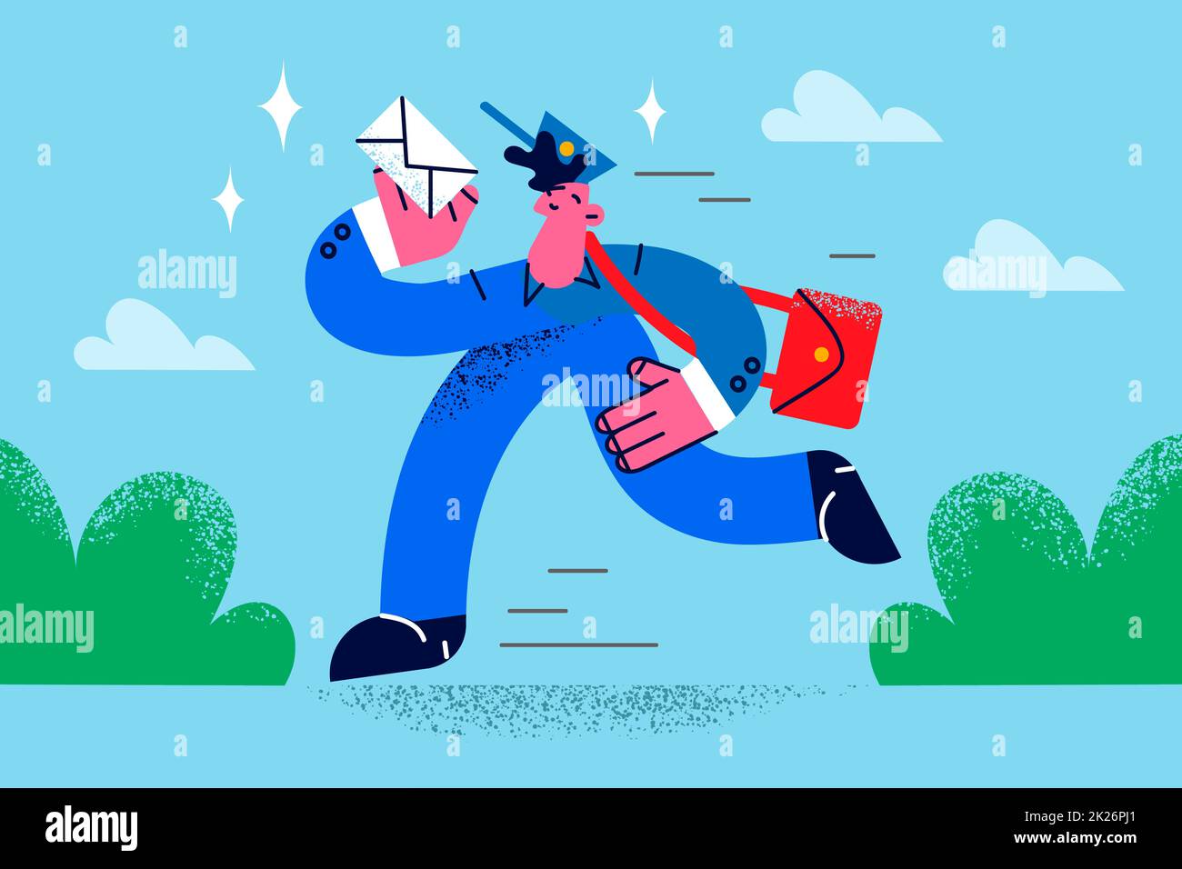 Happy postman deliver letter to client Stock Photo - Alamy