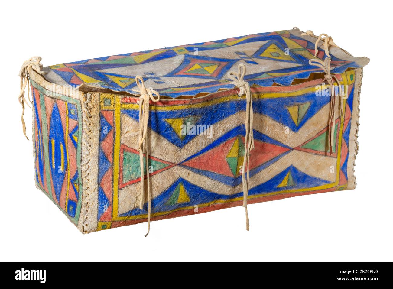 Indian painted rawhide box with leather cords isolated on white Stock ...