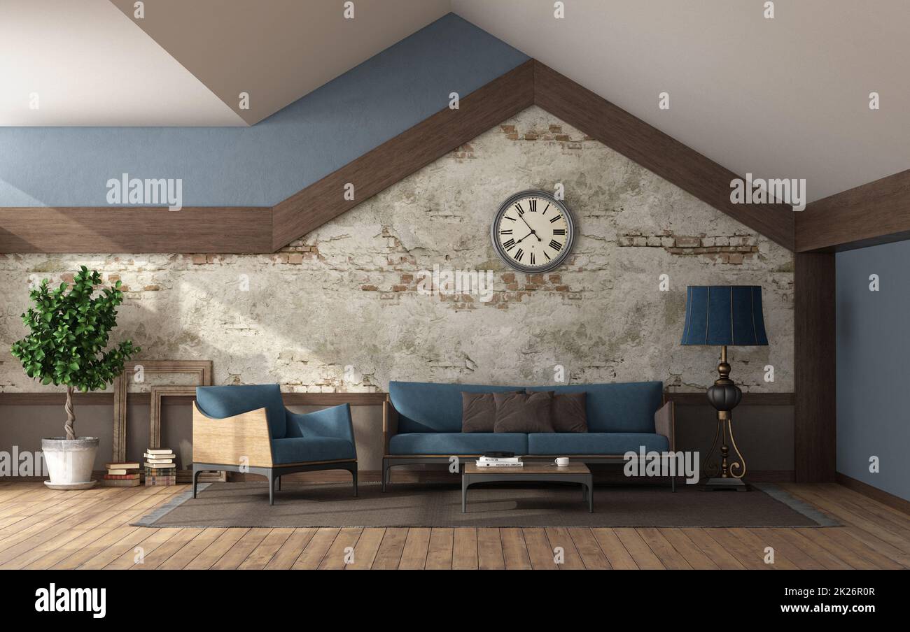 Rustic style living room with stone wall and pitched roof Stock Photo ...