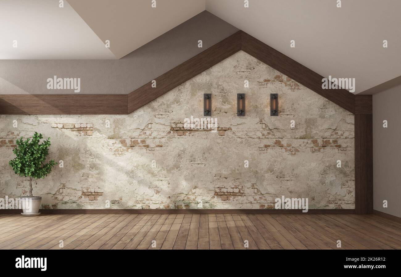 Empty room with stone wall and pitched roof Stock Photo - Alamy