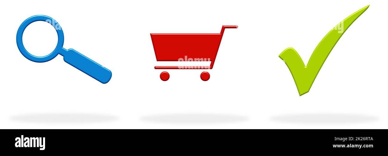 Magnifying glass, Shopping symbol and green tick Stock Photo - Alamy Magnifying glass, Shopping symbol and green tick Stock Photo - Alamy