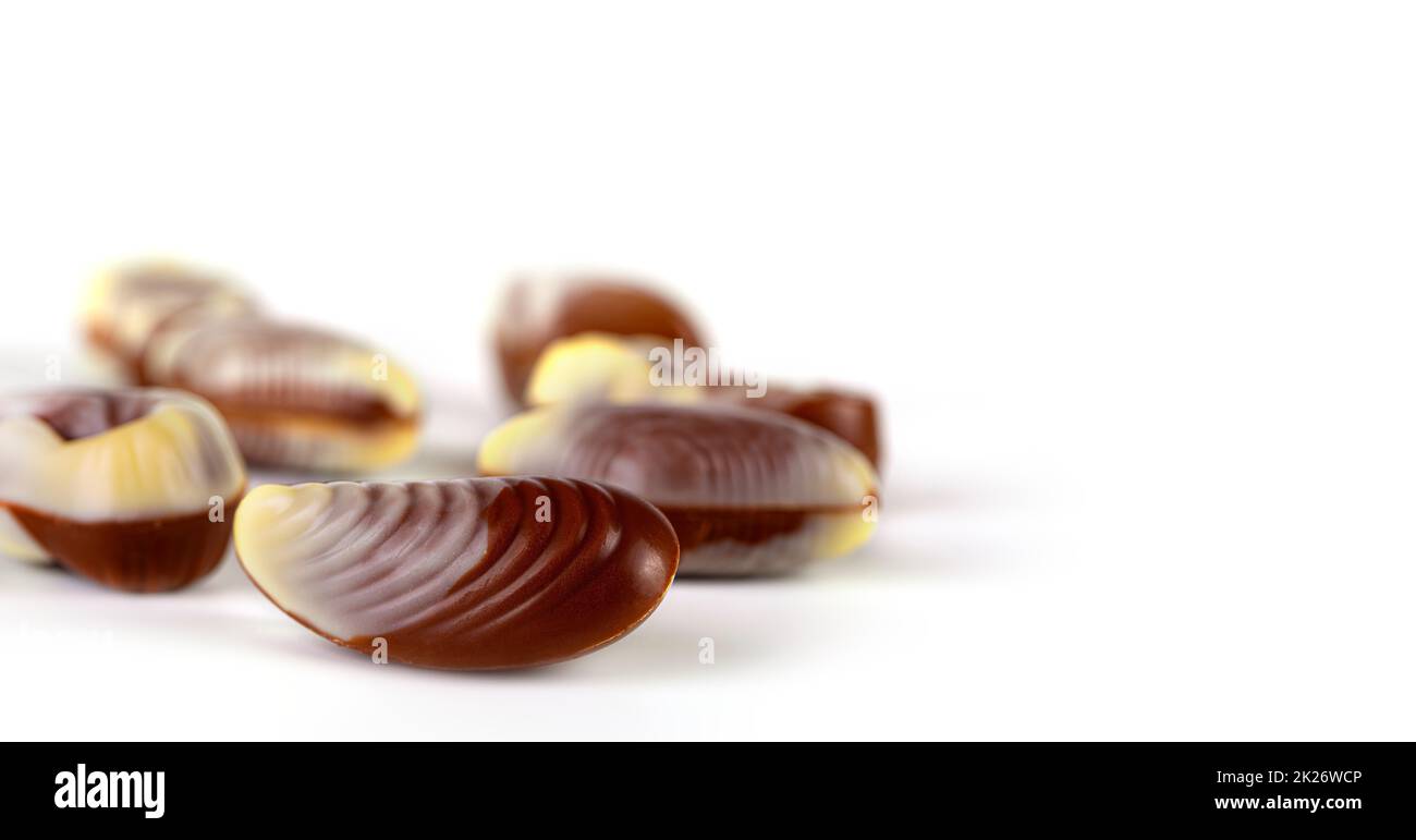 Chocolate candies sea shells on white background Stock Photo - Alamy