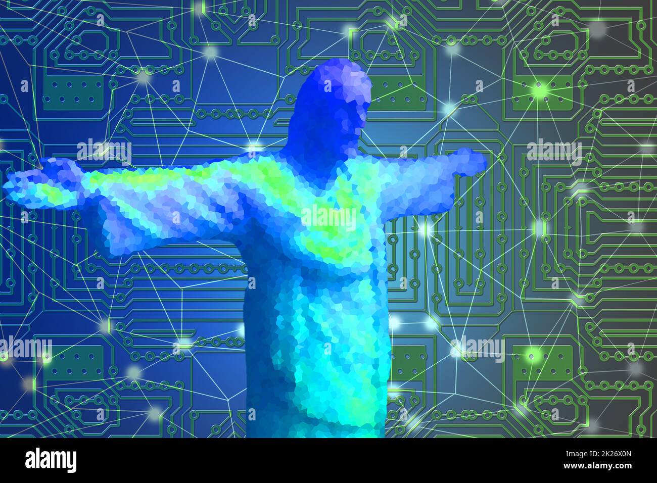 colorful jesus statue with a facet effect and a blue network and board ...