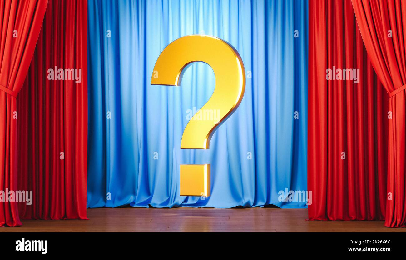 red and blue curtains with a big gold question mark Stock Photo - Alamy