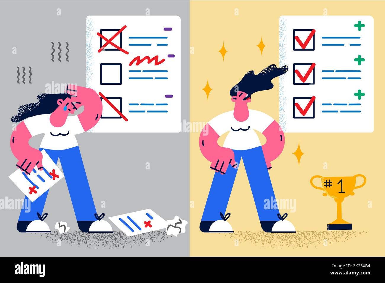 Comparison of girl fail and succeed at test Stock Photo - Alamy
