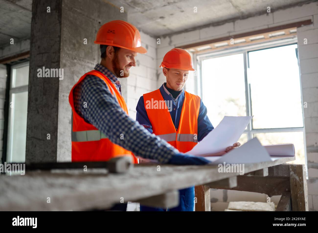 Builder worker with blueprint in indoor apartment Stock Photo - Alamy