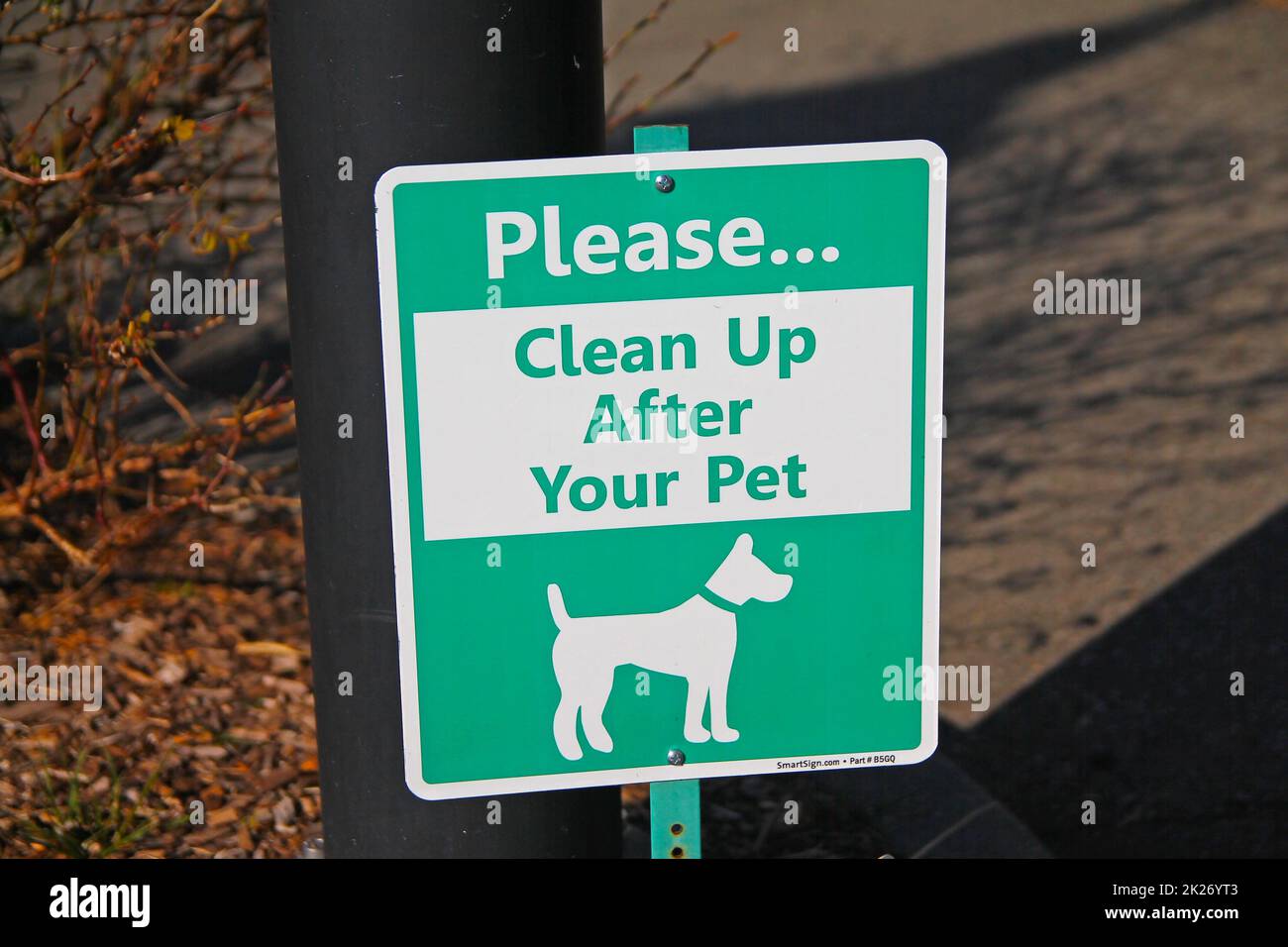 Please, clean up after your pet white and green sign Stock Photo - Alamy