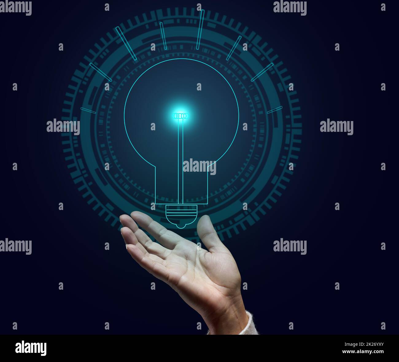 holographic lamp and female hand on a dark blue background. Concept of ...