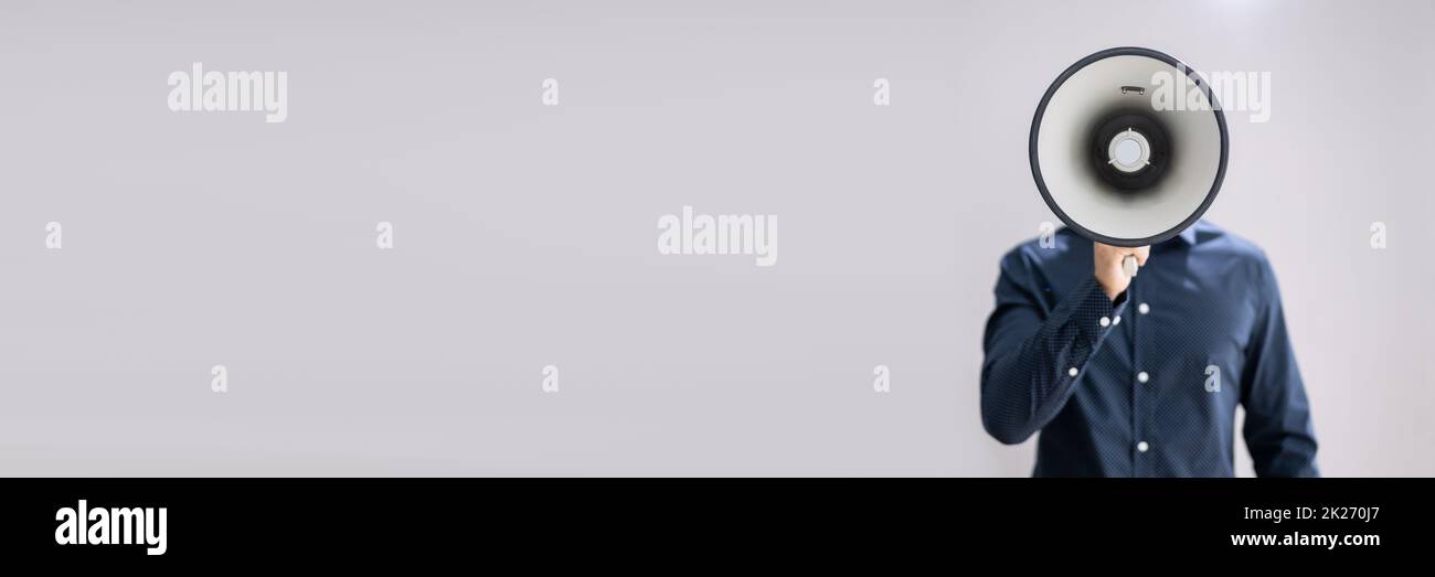 Man With Megaphone Warning Voice Announcement Stock Photo - Alamy