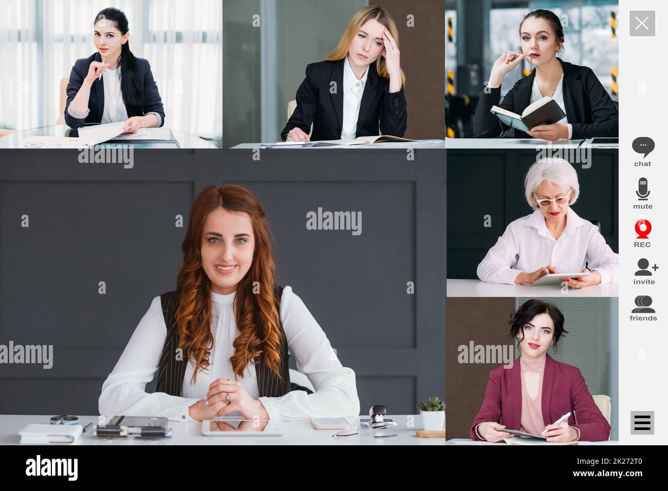 Group video call. Online meeting. Corporate telework. Collage of ...