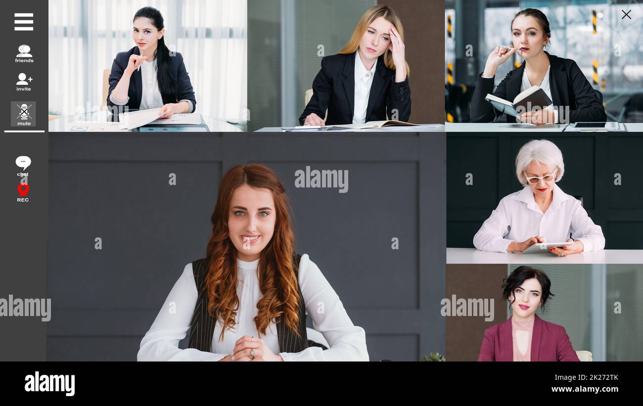 Online interview. Video conference. Distance presentation. Collage of ...