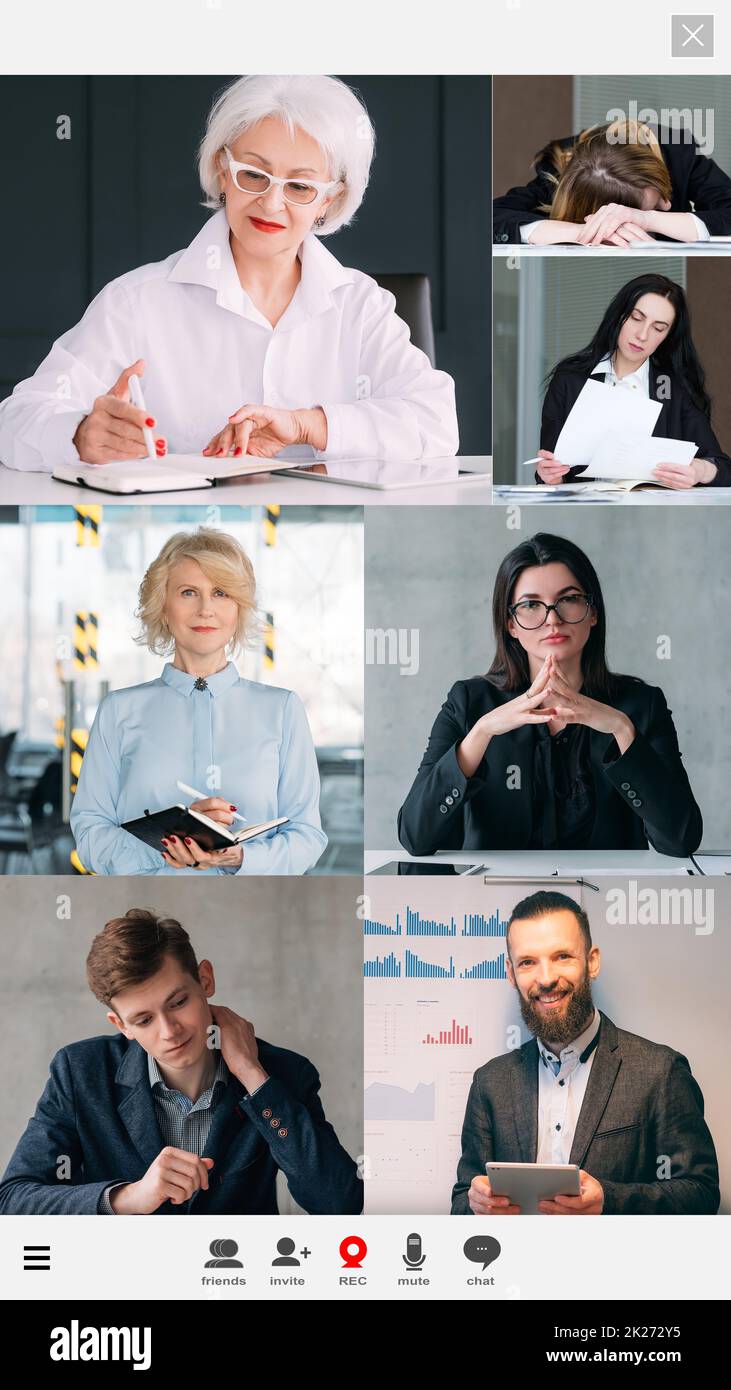 Video conference. Business telework. Online management. Collage of ...