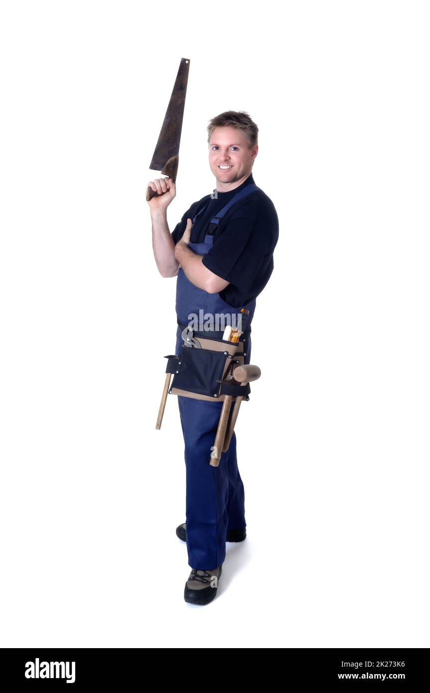Portrait of a young craftsman, worker, fitter against white background ...