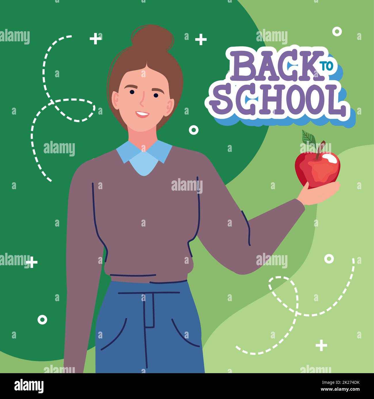 back to school lettering with teacher and apple Stock Vector Image ...