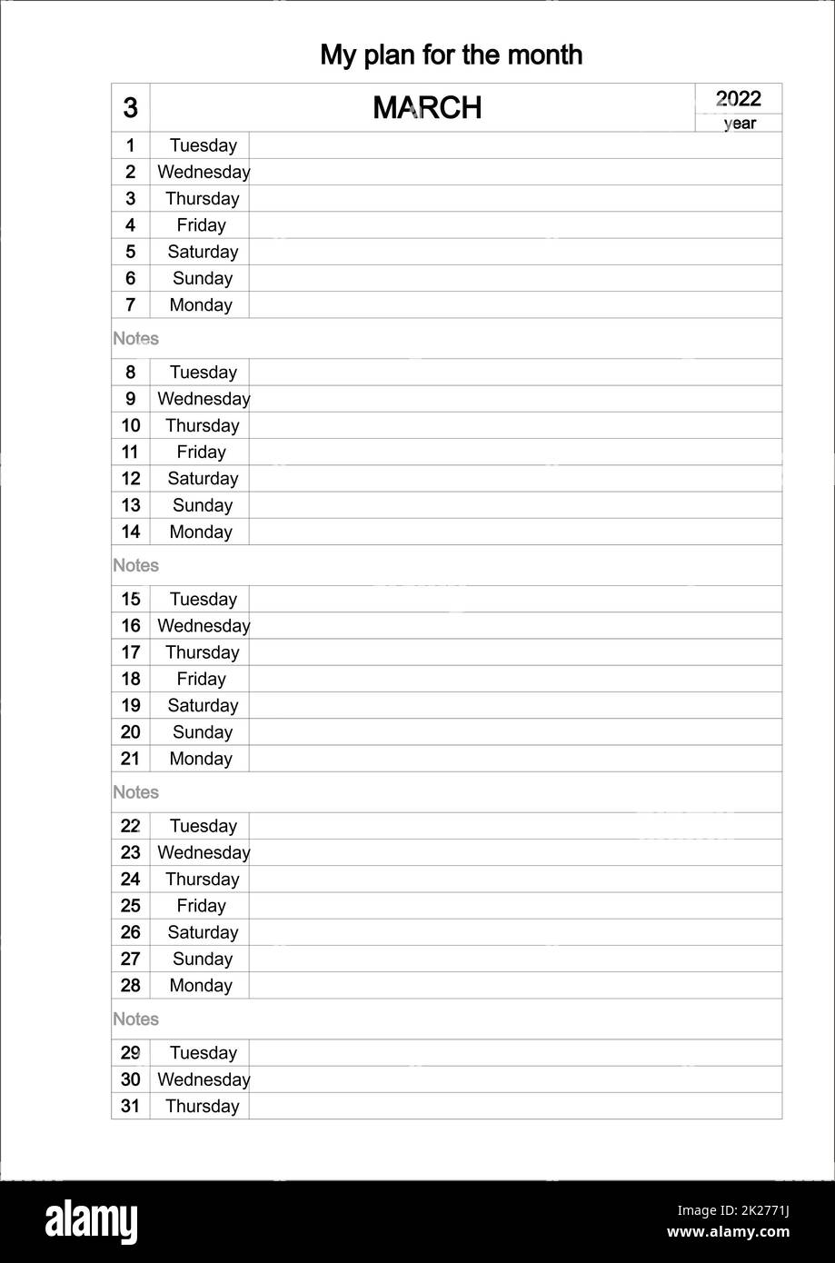 Calendar template for March 2022 year. Planner diary in minimalism ...